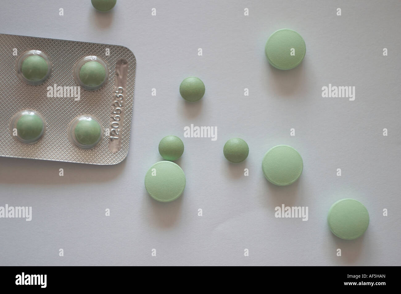 Still life with pharmaceutics drugs of different colors and setup Stock ...