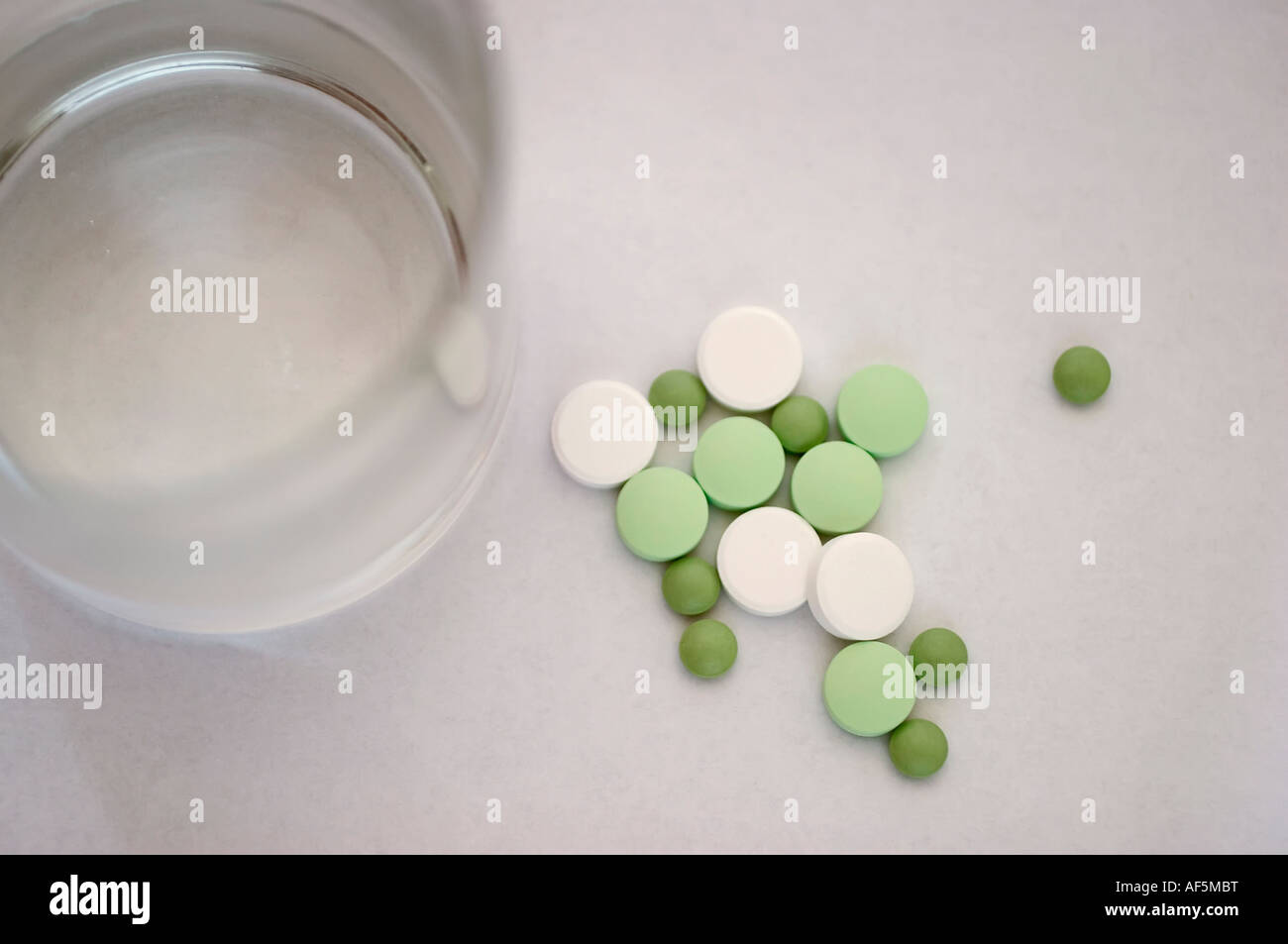 Still life with pharmaceutics drugs of different colors and setup Stock ...