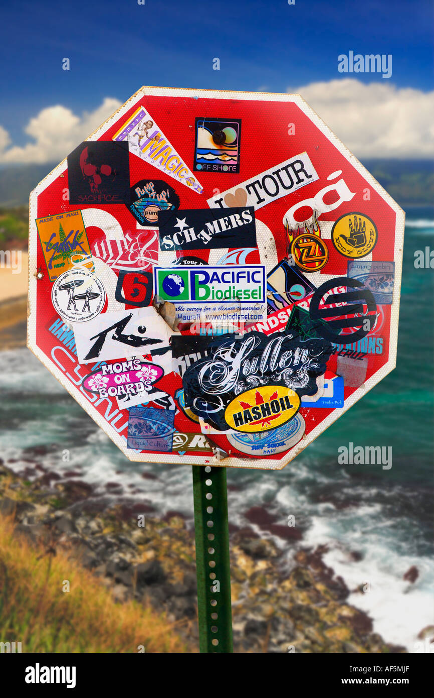 Stop sign with stickers at Hookipa Beach east Maui, Hawaii, USA Stock ...