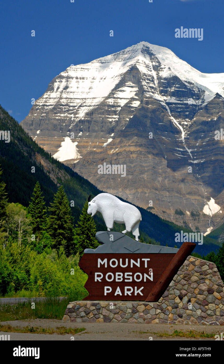 Mount Robson and park entrance white mountain goat sign Stock Photo - Alamy
