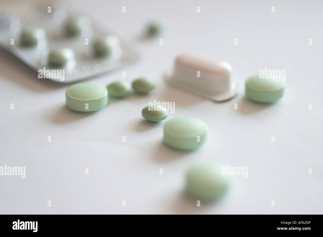 Still life with pharmaceutics drugs of different colors and setup Stock ...