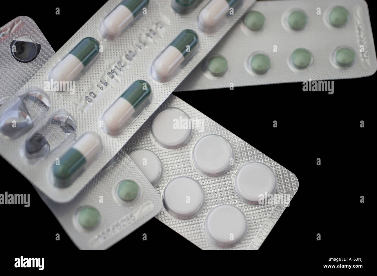 Still life with pharmaceutics drugs of different colors and setup Stock ...