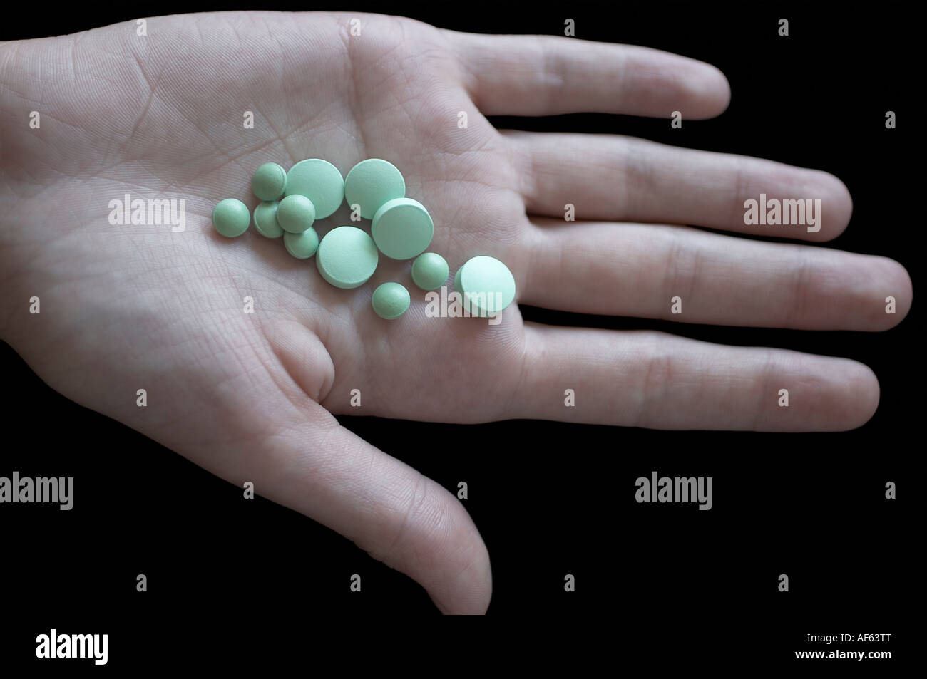 Still life with pharmaceutics drugs of different colors and setup Stock ...