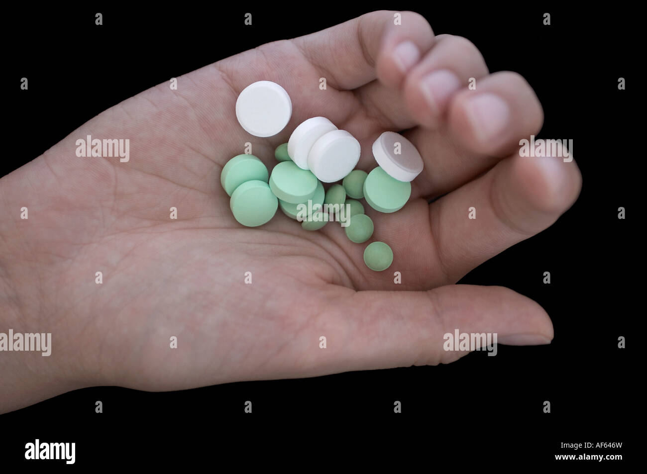 Still life with pharmaceutics drugs of different colors and setup Stock ...