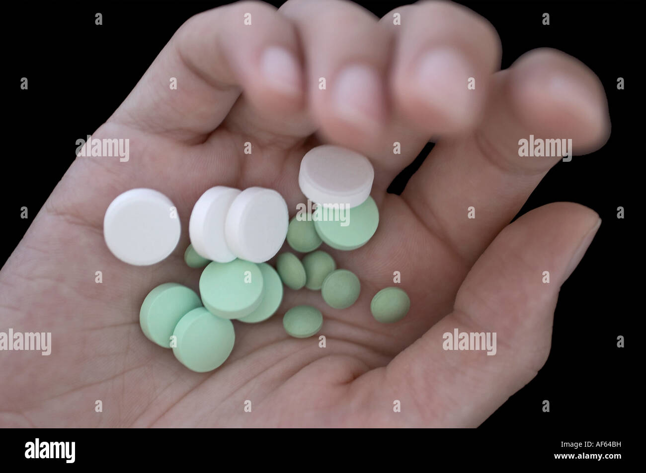 Still life with pharmaceutics drugs of different colors and setup Stock ...