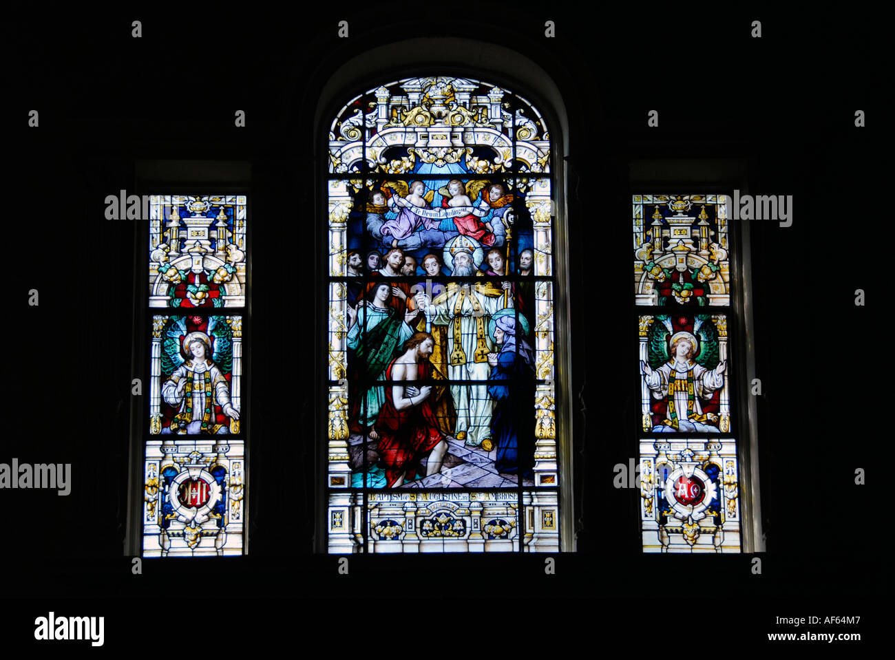 Stained glass with titles in the glass at the Cathedral Basilica of ...
