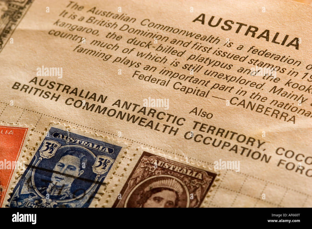 australian stamp collection in album with focus on text Stock Photo - Alamy