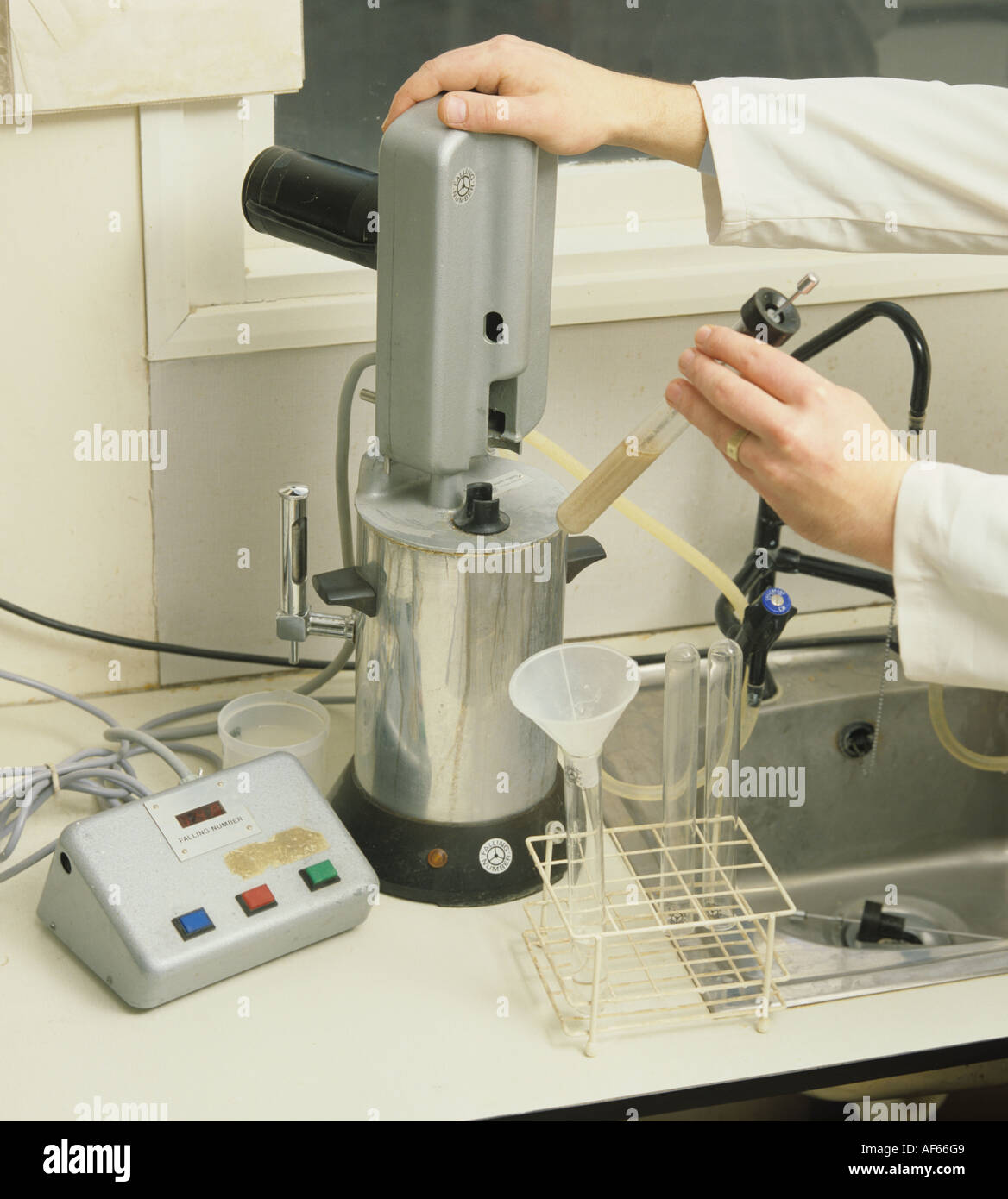 Grain sample being tested for alpha amylase with Hagberg Falling ...