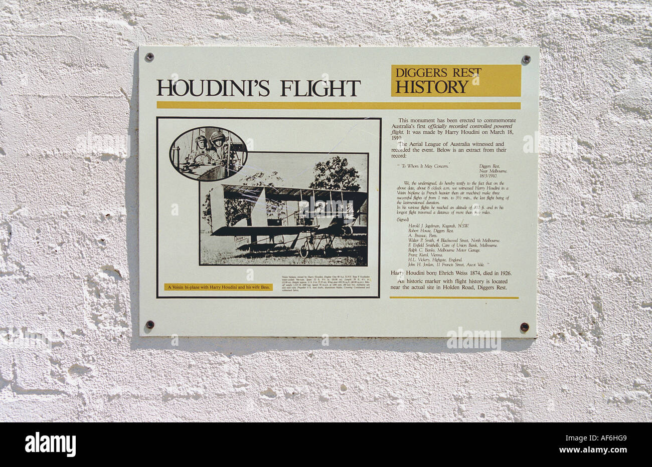 sign on Houdini memorial monument, Diggers Rest, Victoria, Australia ...