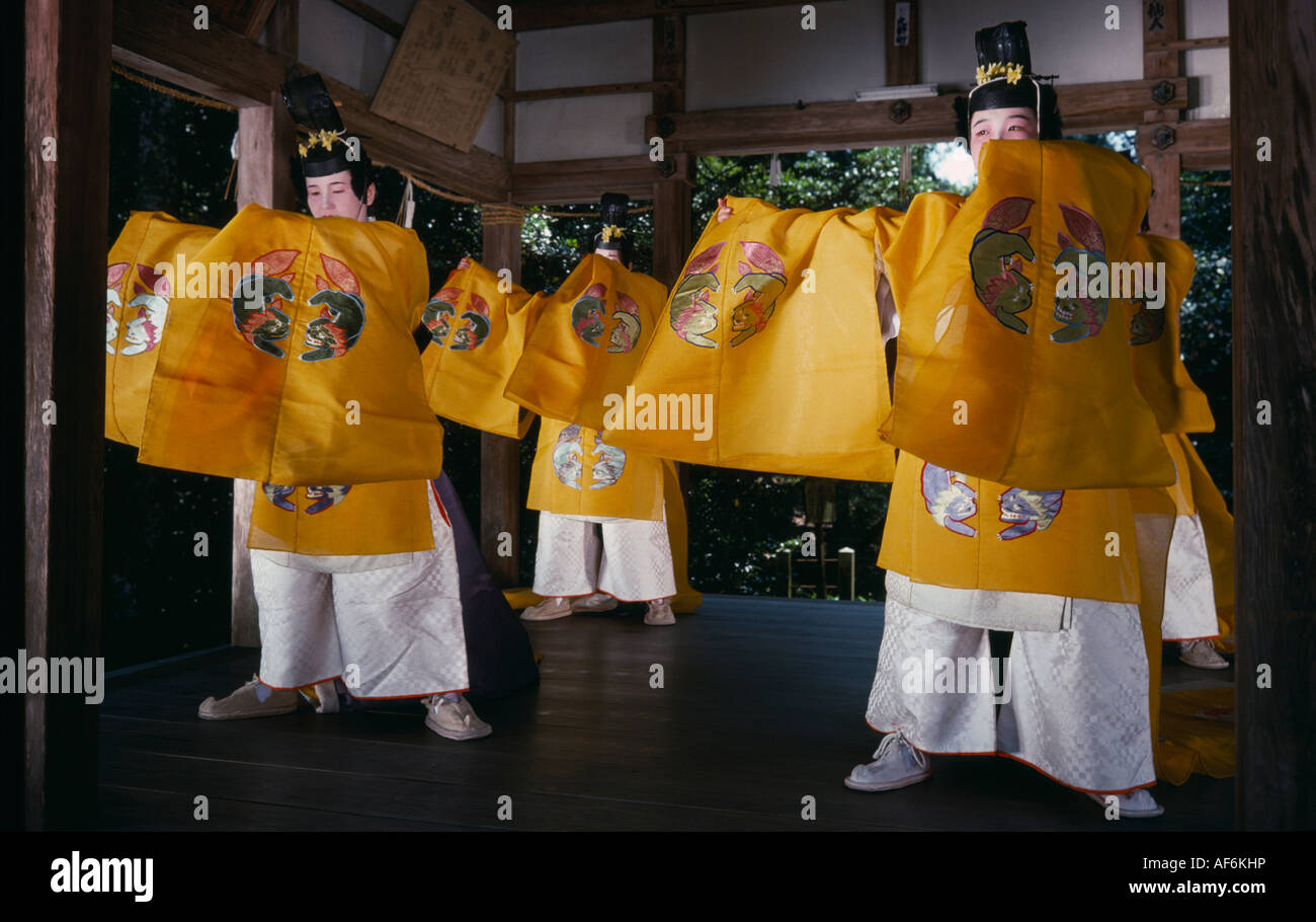JAPAN Honshu Kyoto Temple maidens or Miko performing gayaku at Sagimori ...