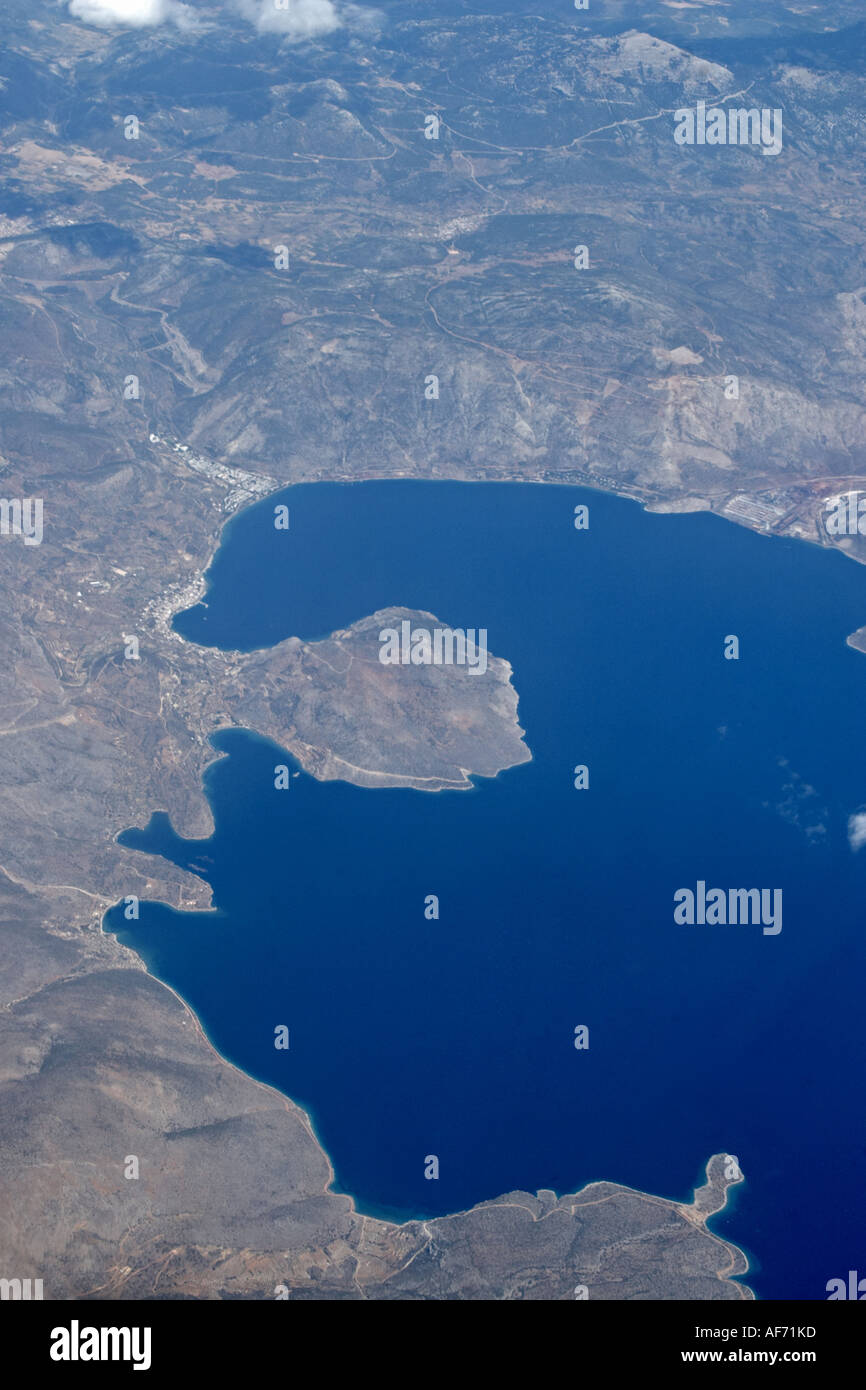 Aerial view north east of Antikyra and on Gulf of Antikyras and Corinth ...