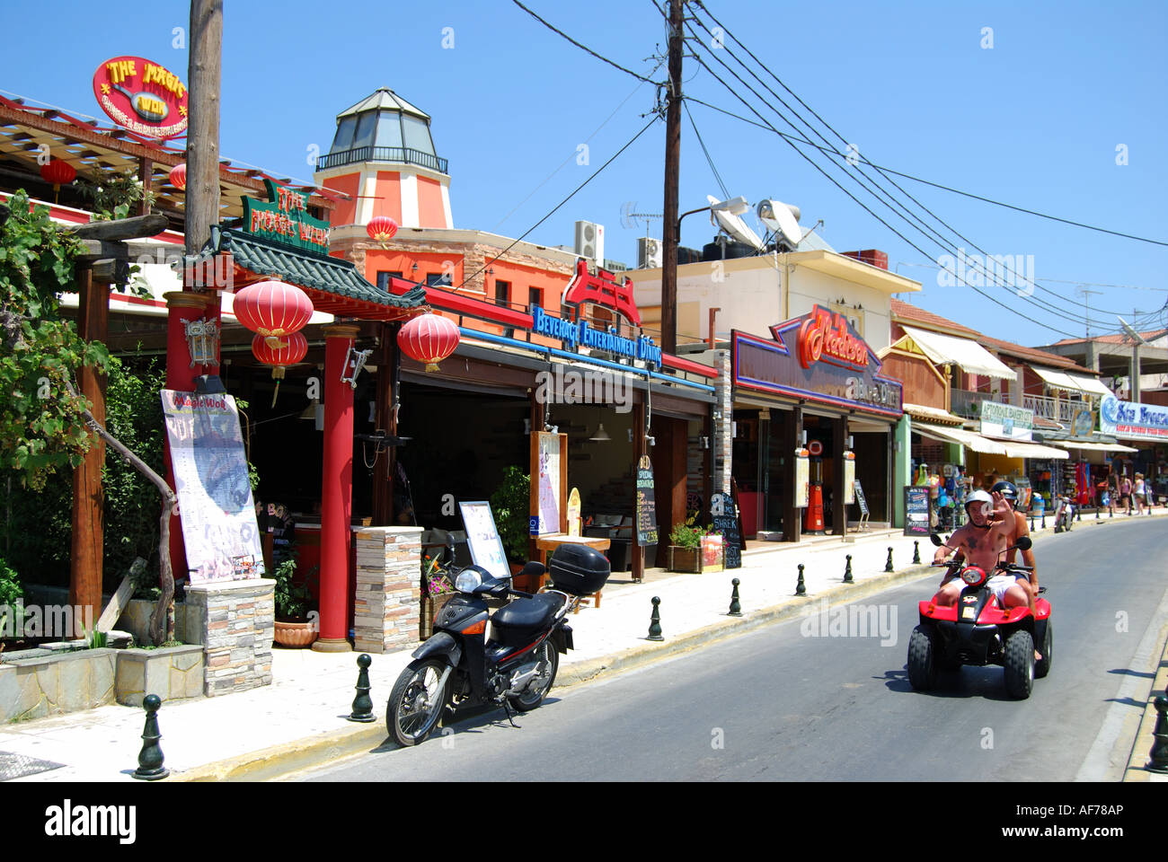 Tourist restaurant and bar, street promenade, Sidari, Corfu, Ionian ...