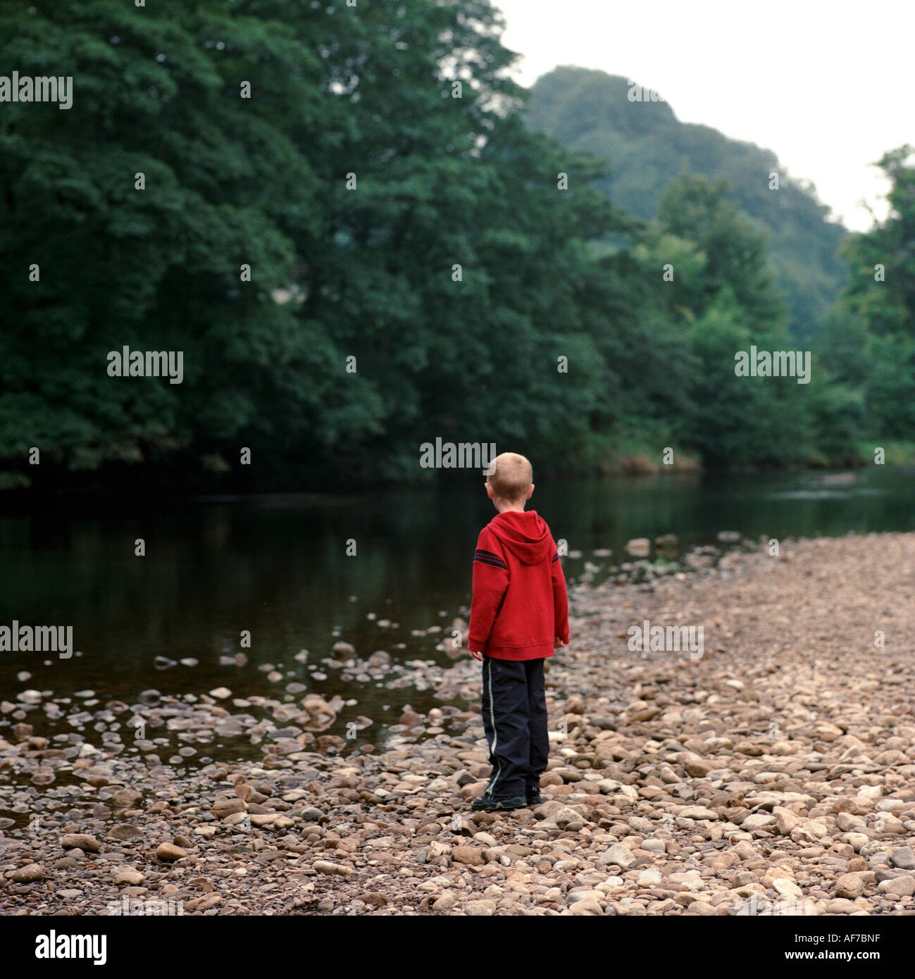 Back view of boy standing on pebble shore of River Swale. Yorkshire ...
