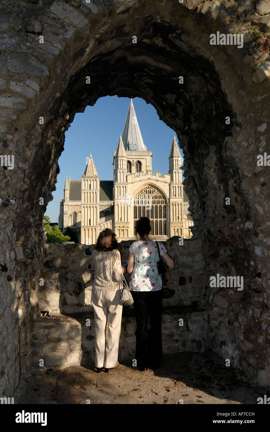 Rochester Cathedral viewed from Rochester Castle UK. Two women view the ...