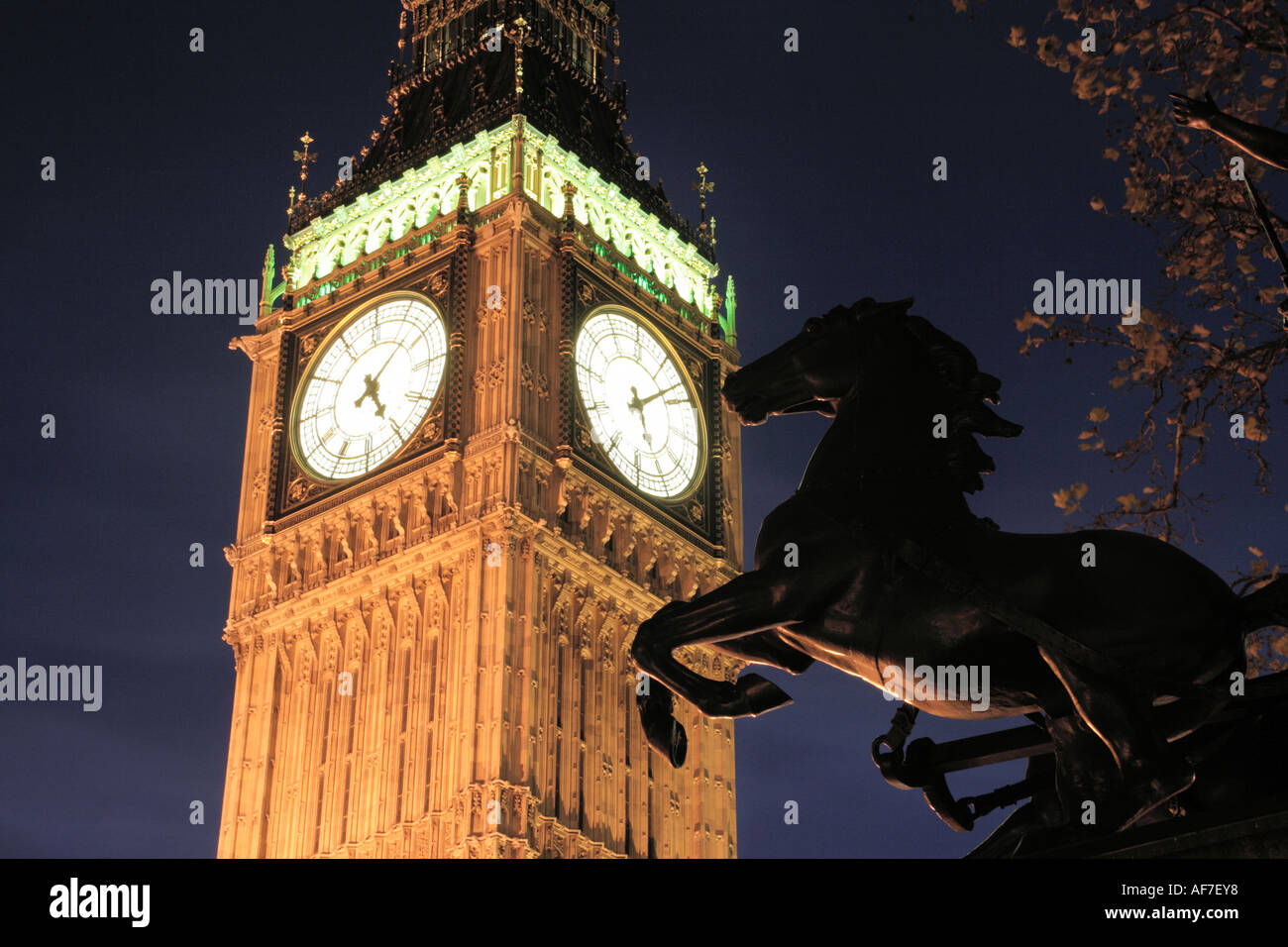 big ben bodicea statue at night london victoria embankment england uk ...