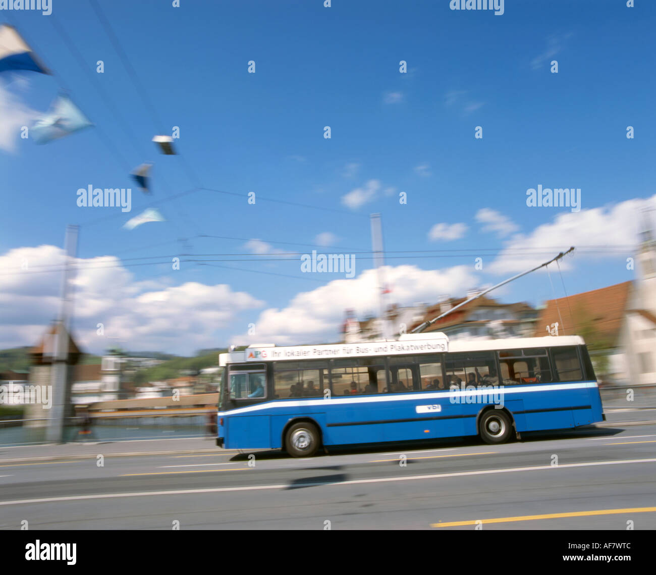 Trolleybus crossing bridge, Lucerne, Switzerland Stock Photo - Alamy