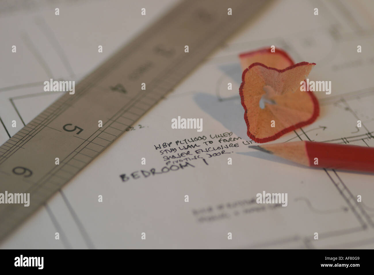 Stock Photograph of A Blueprint For a House with a sharpened pencil and ...