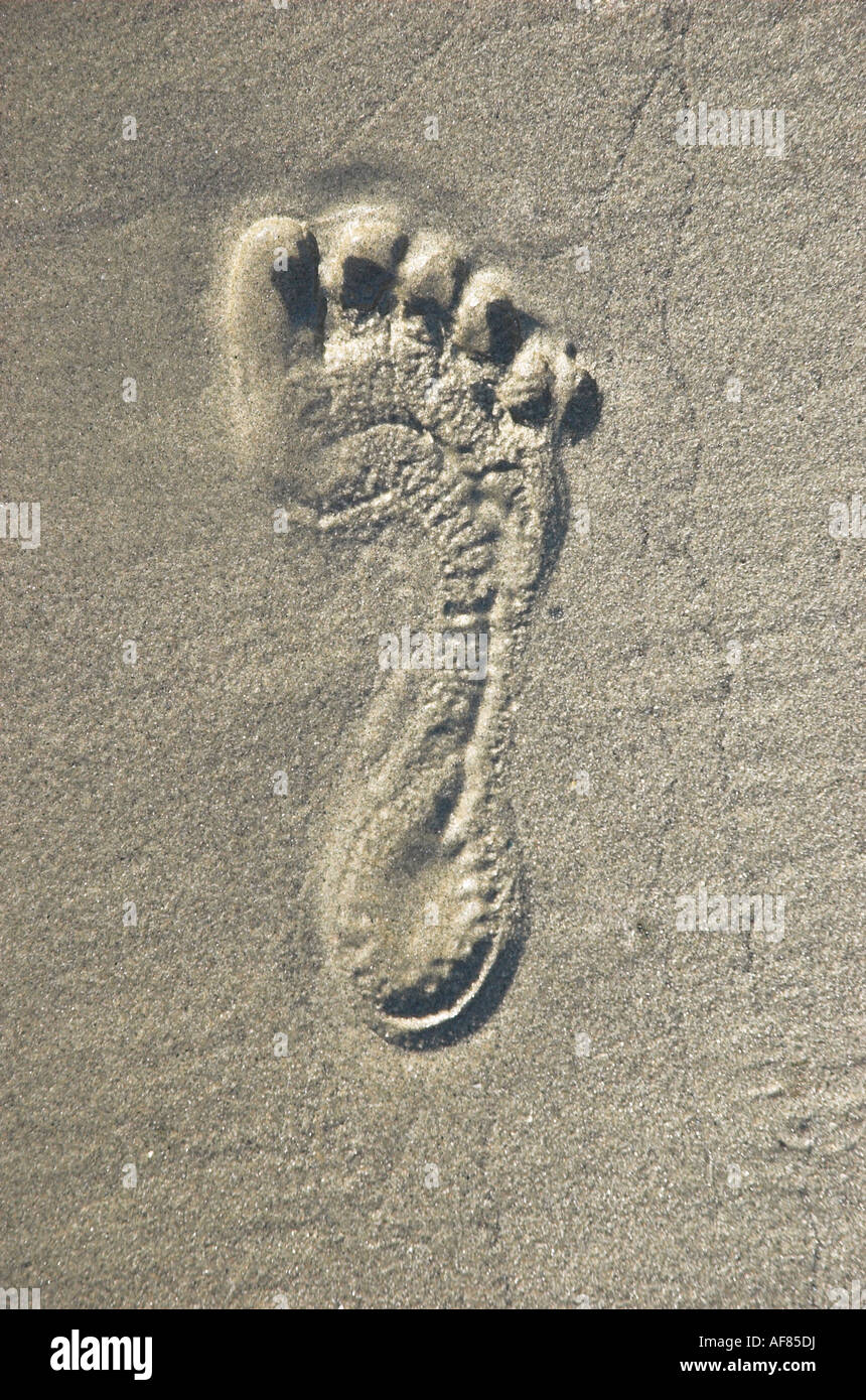 Single footprint on beach sand overhead view Turkey Gumbet August 2007 ...