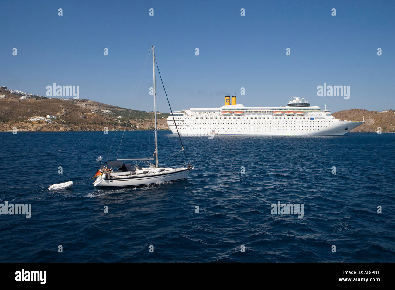 Sailing boat and Costa Romantica Cruise Ship Patmos Harbor, Dodecanese ...