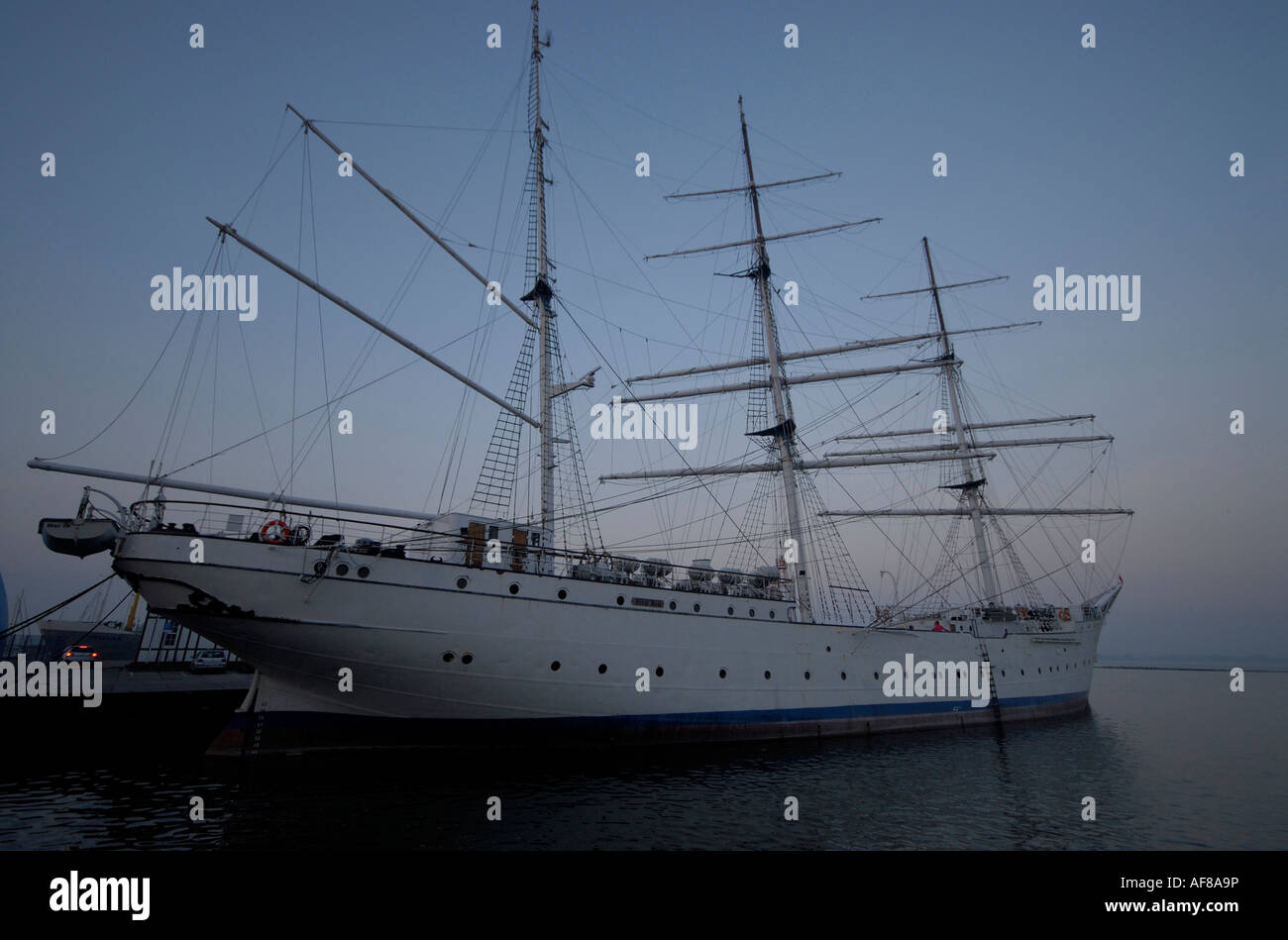 The sailing ship Gorch Fock I. anchoring at Stralsund harbour ...