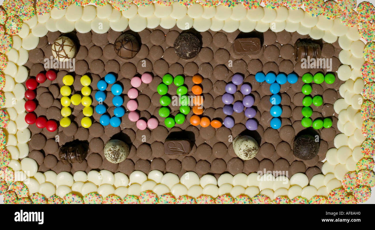 the word chocolate spelled out with chocolates Stock Photo - Alamy