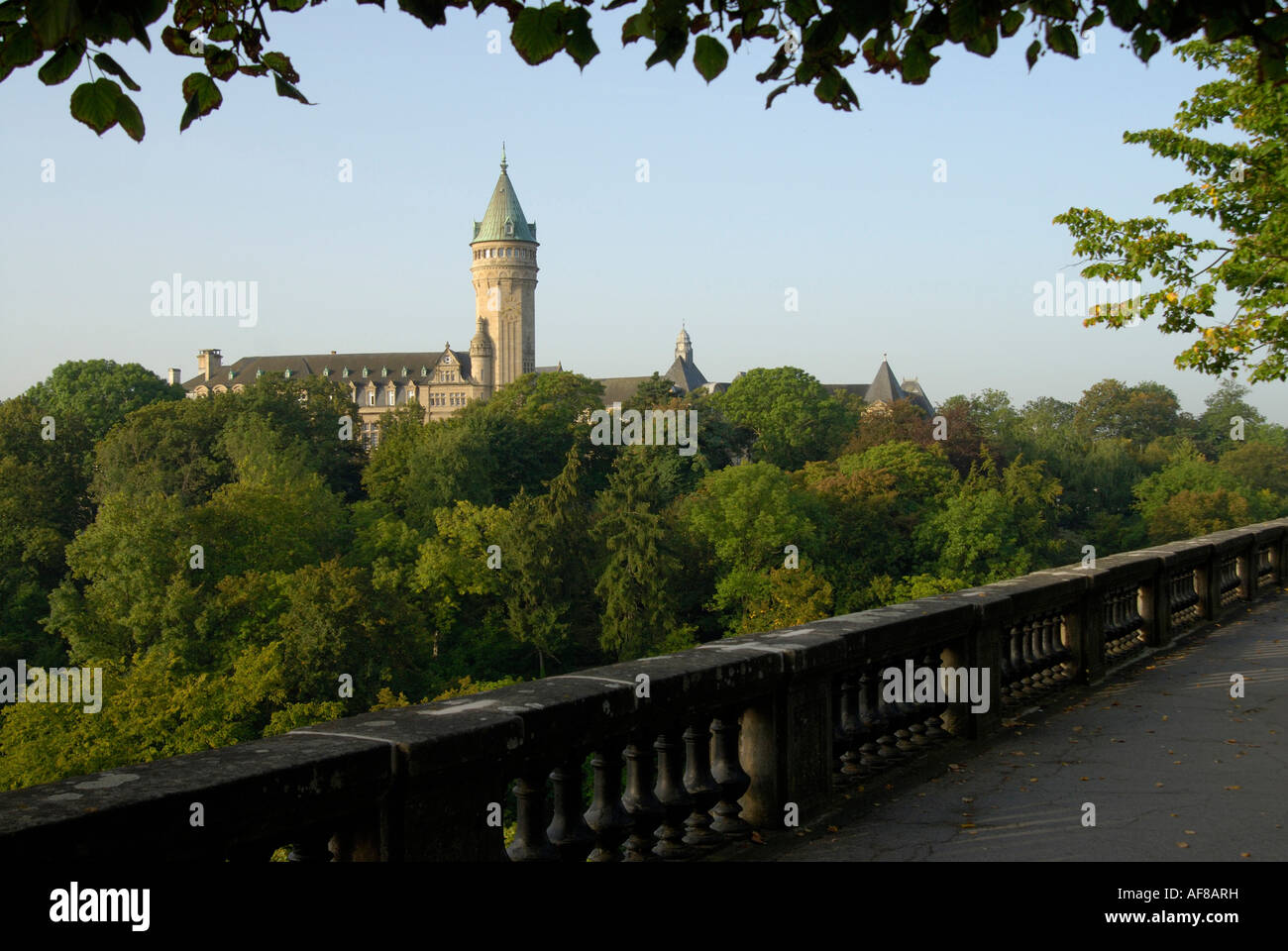 View from a promenade at a building behind trees, Luxembourg city ...