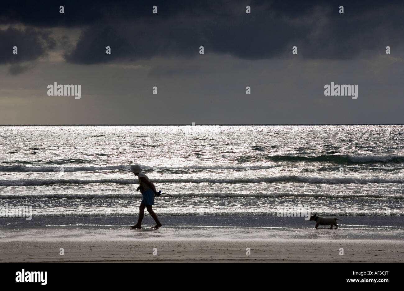 Pensioner taking the dog for a walk on Rossbeigh Beach, Ring of Kerry ...