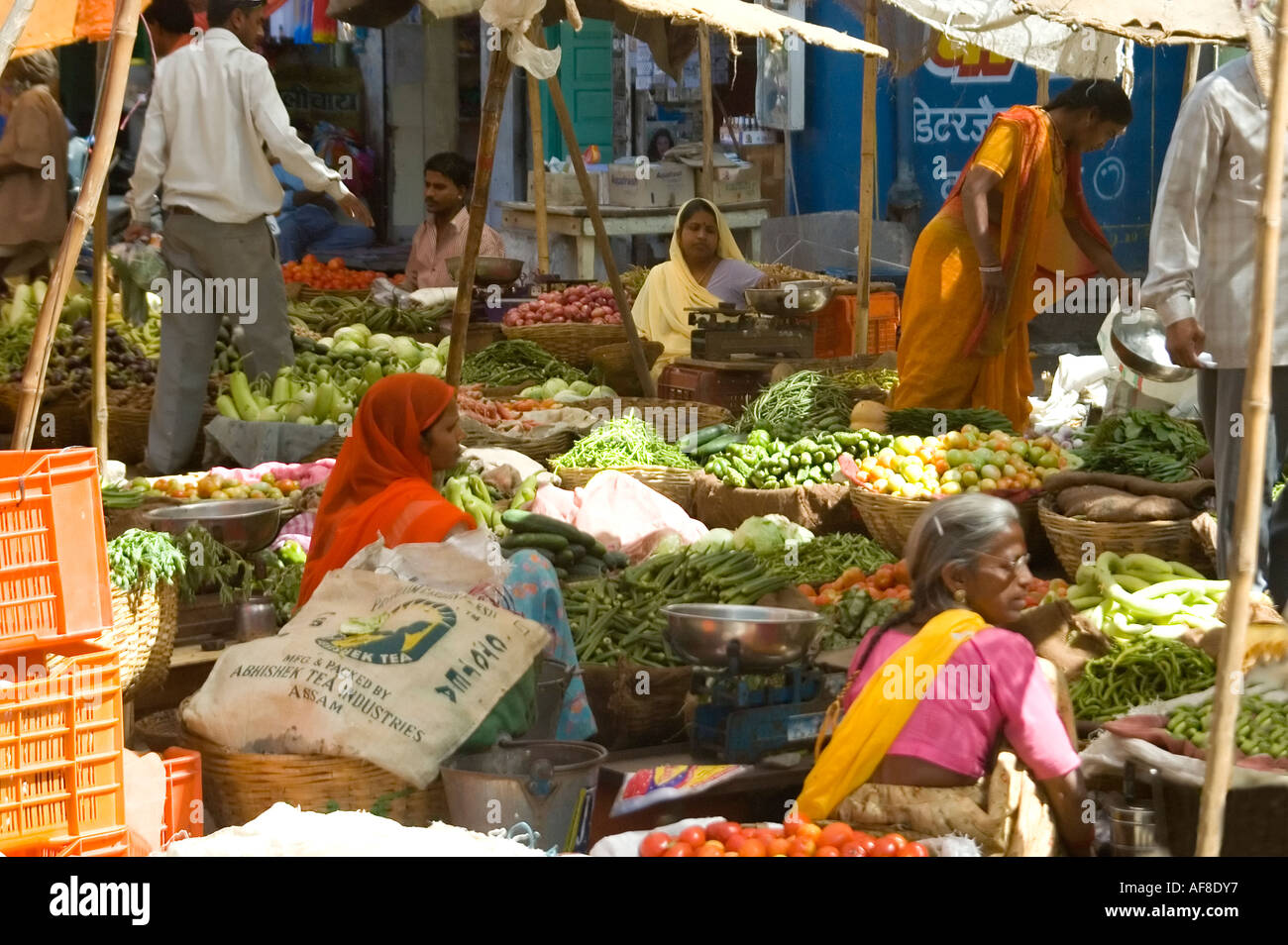 Horizontal close up of a typical busy Indian fruit and vegetable market ...