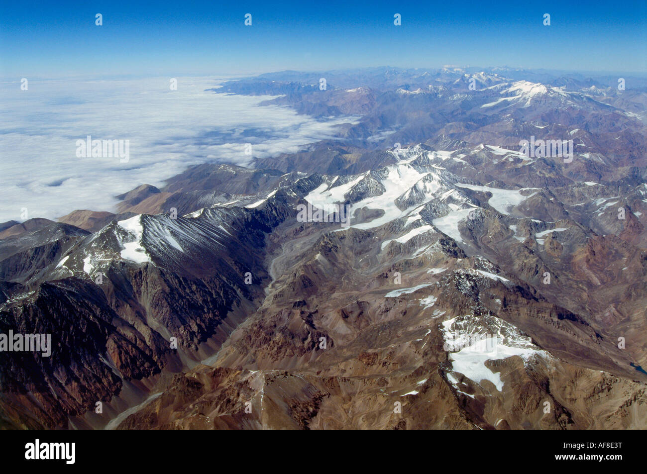 View from plane over Andes, on the left Argentina, on the right Chile ...