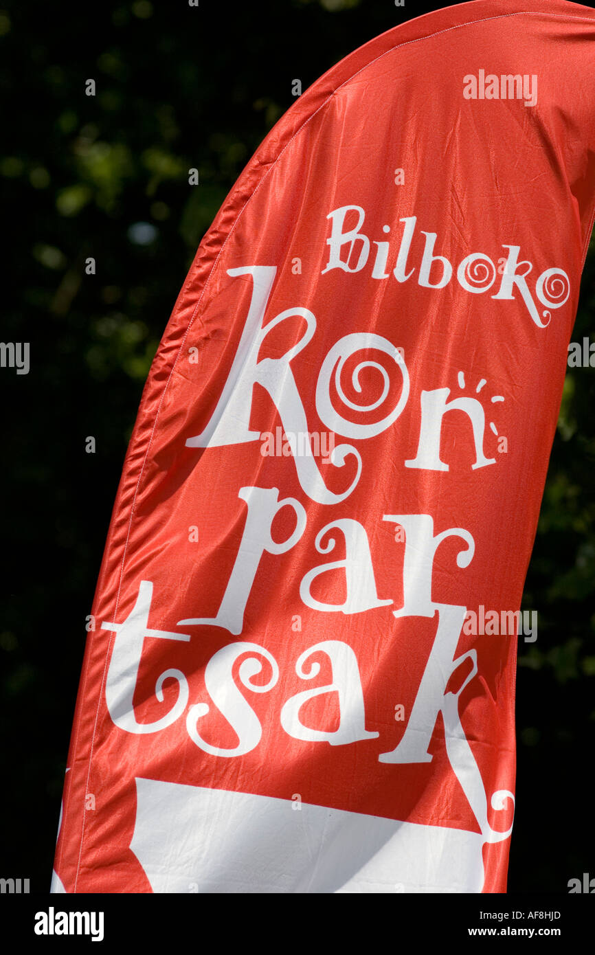 Red banner with Bilboko Konpartsak in Basque Euskara language Plaza ...