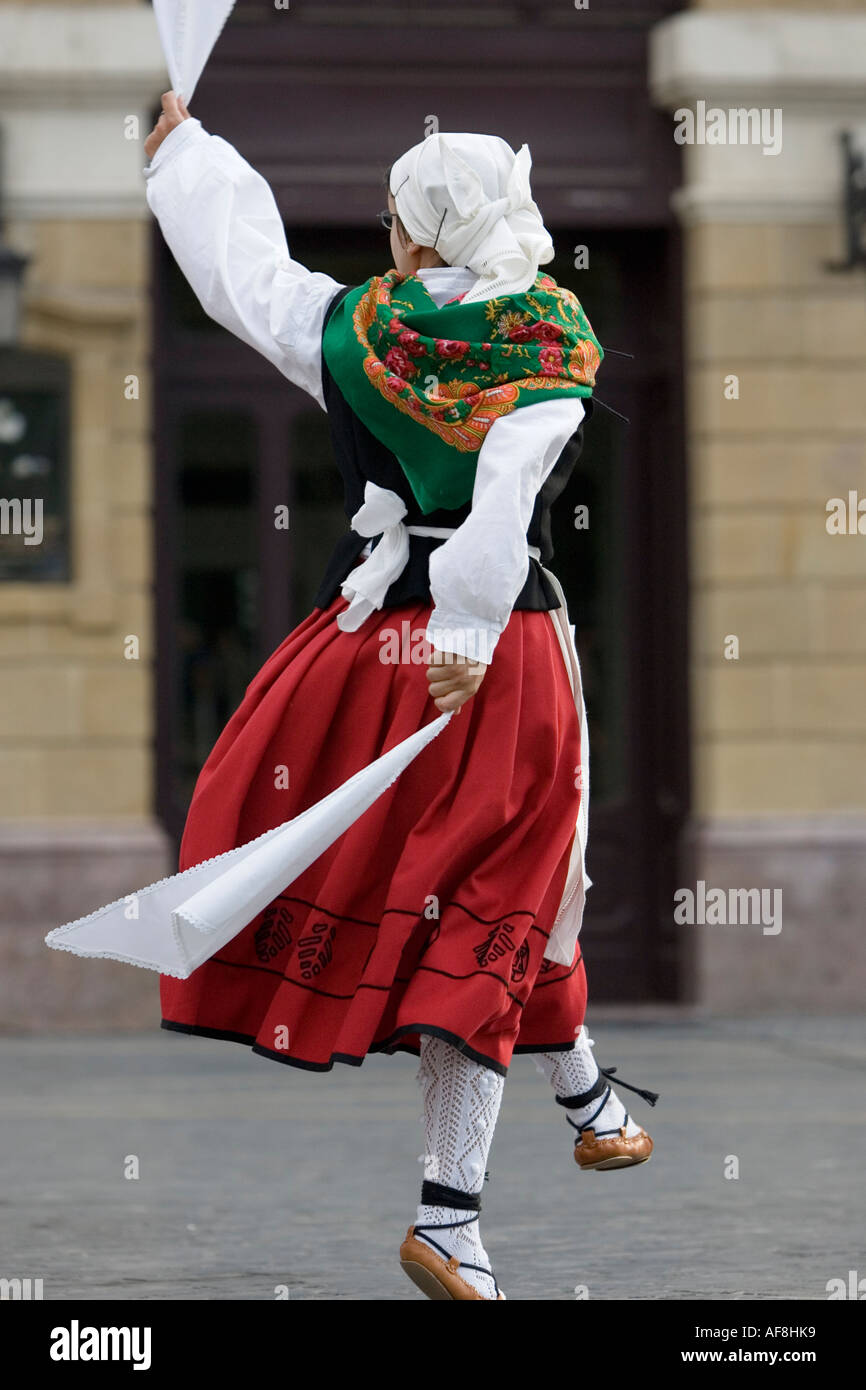 Woman performing Basque folk dance Plaza Arriaga Bilbao Pais Vasco ...