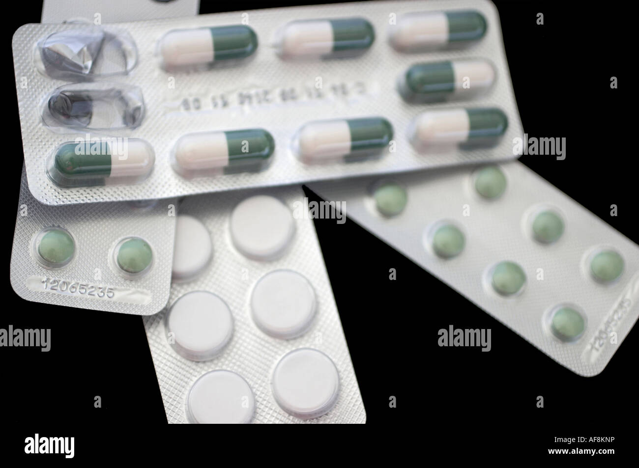 Still life with pharmaceutics drugs of different colors and setup Stock ...