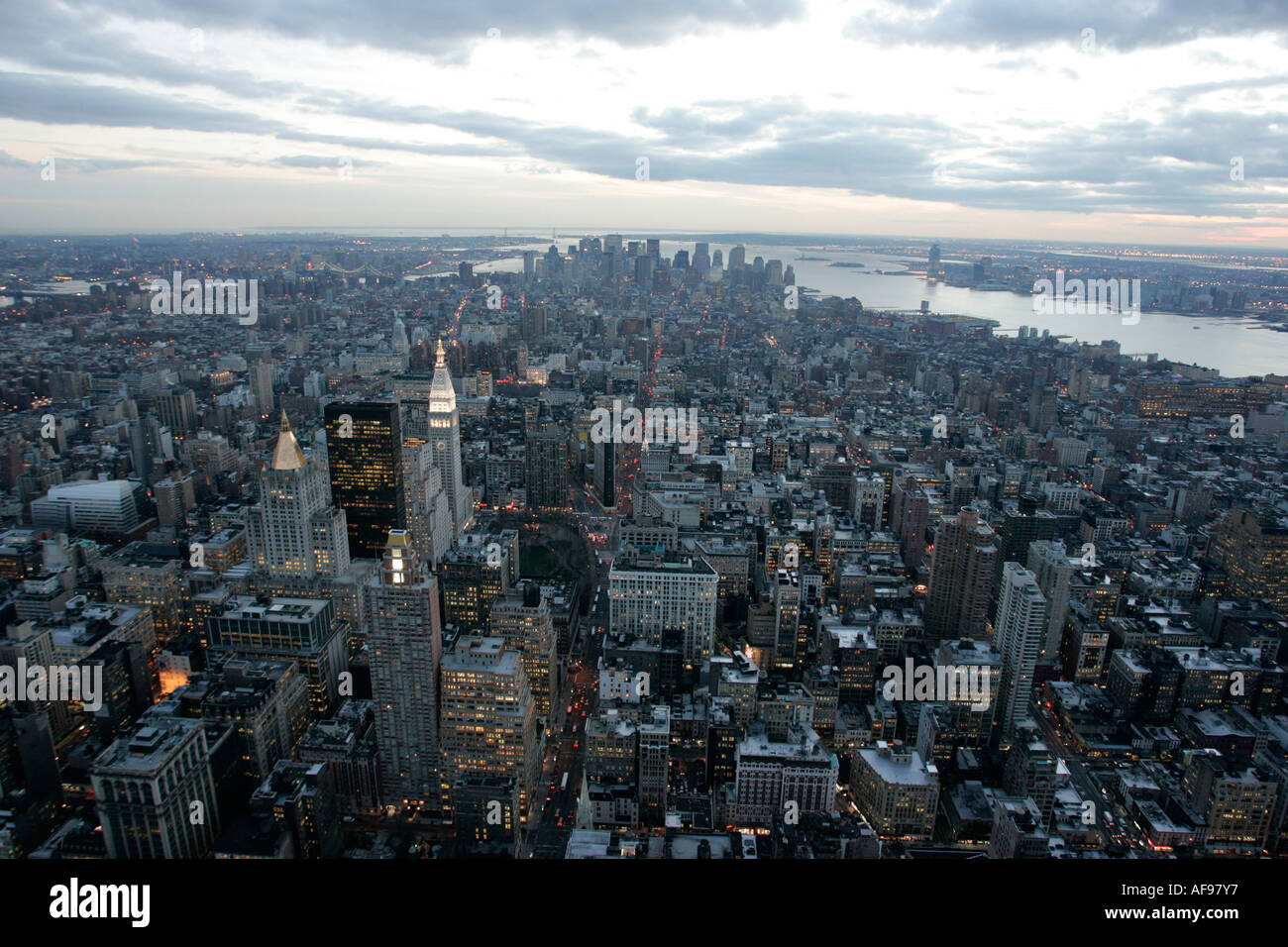 evening night view of south manhattan and sunset from observation deck ...