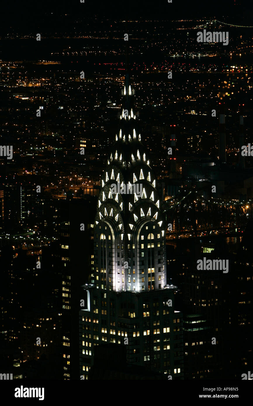 Chrysler art deco building illuminated at night viewed from observation ...
