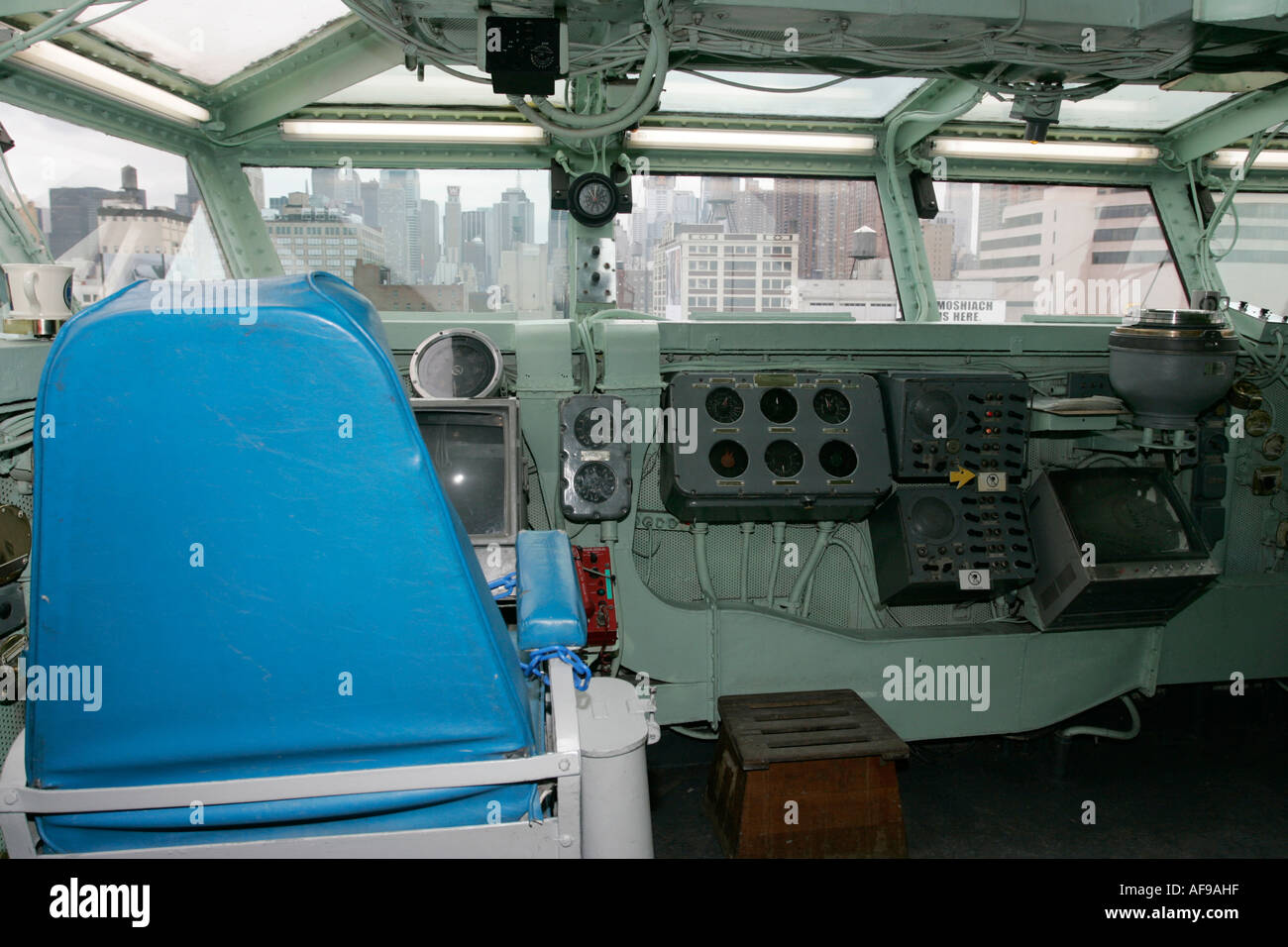 Bridge of the USS Intrepid looking out at Manhattan at the Intrepid Sea ...