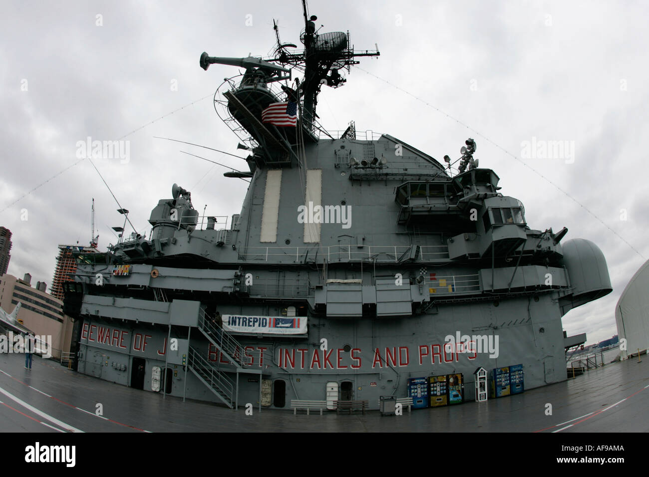 fisheye shot of the Flight deck island and bridges of the USS Intrepid ...