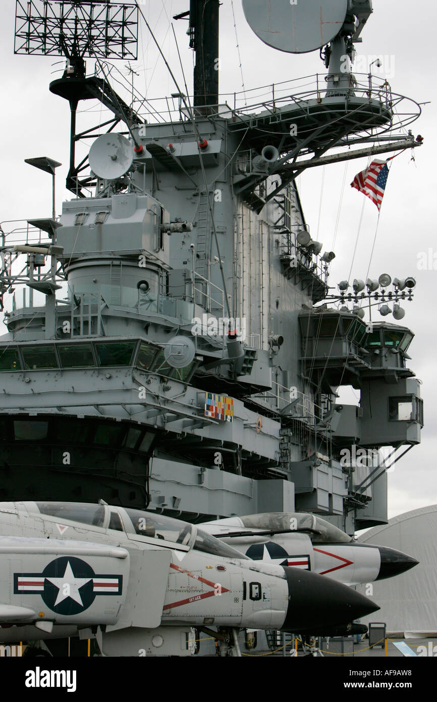 Bridge aircraft and flight deck island on the USS Intrepid at the ...