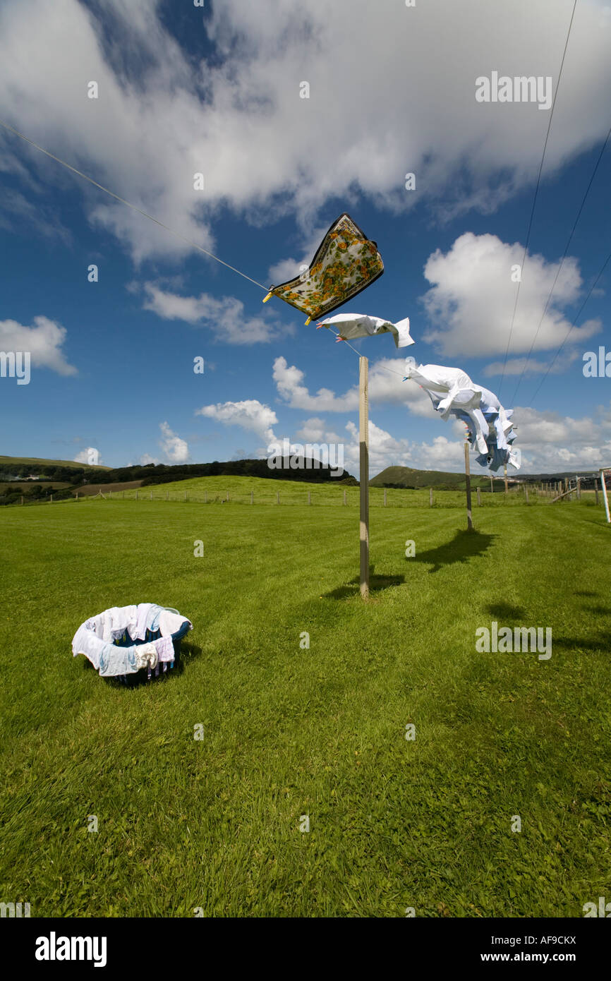 Washing line at a farm, blowing in the wind, with green fields and blue ...