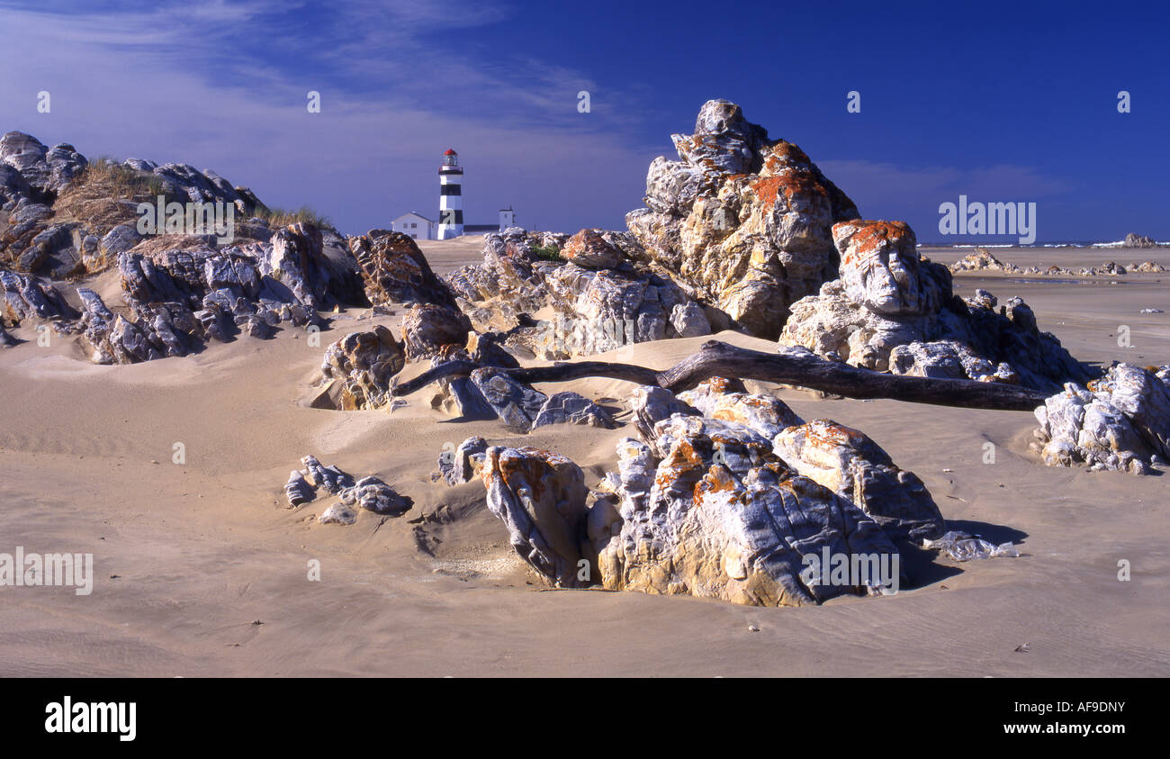 Wind-blown beach sand blown up against rocks in the Cape Recife Nature ...
