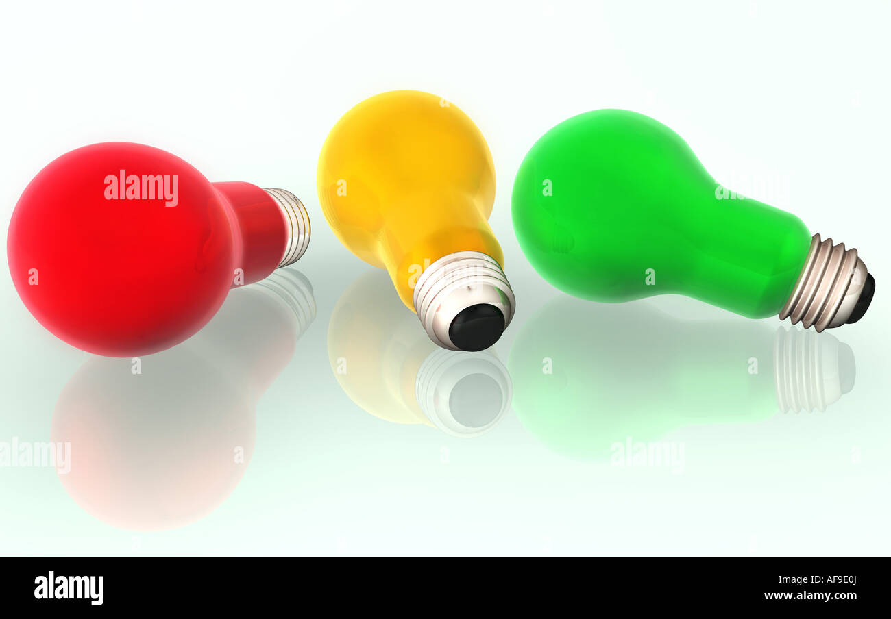 3 color light bulbs red green yellow 3d concept illustration Stock ...