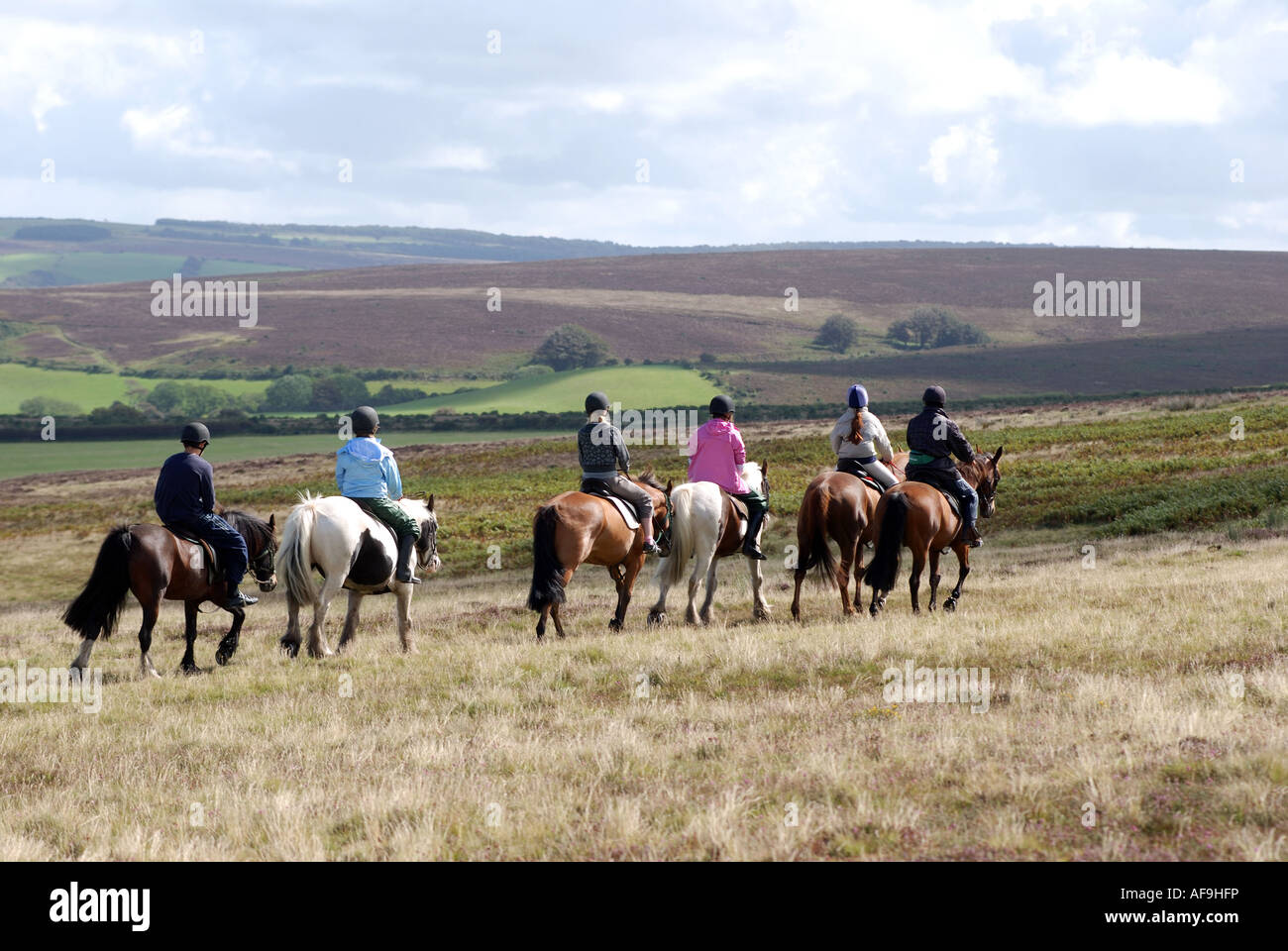 Pony trekkers on Brendon Common, Exmoor, Devon, England, UK Stock Photo ...