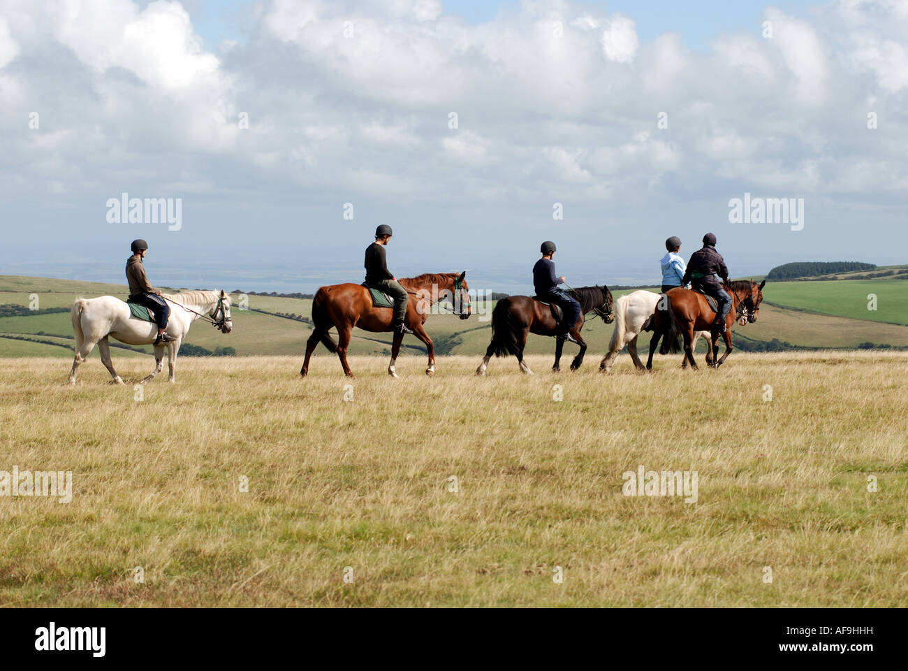 Pony trekkers on Brendon Common, Exmoor, Devon, England, UK Stock Photo ...