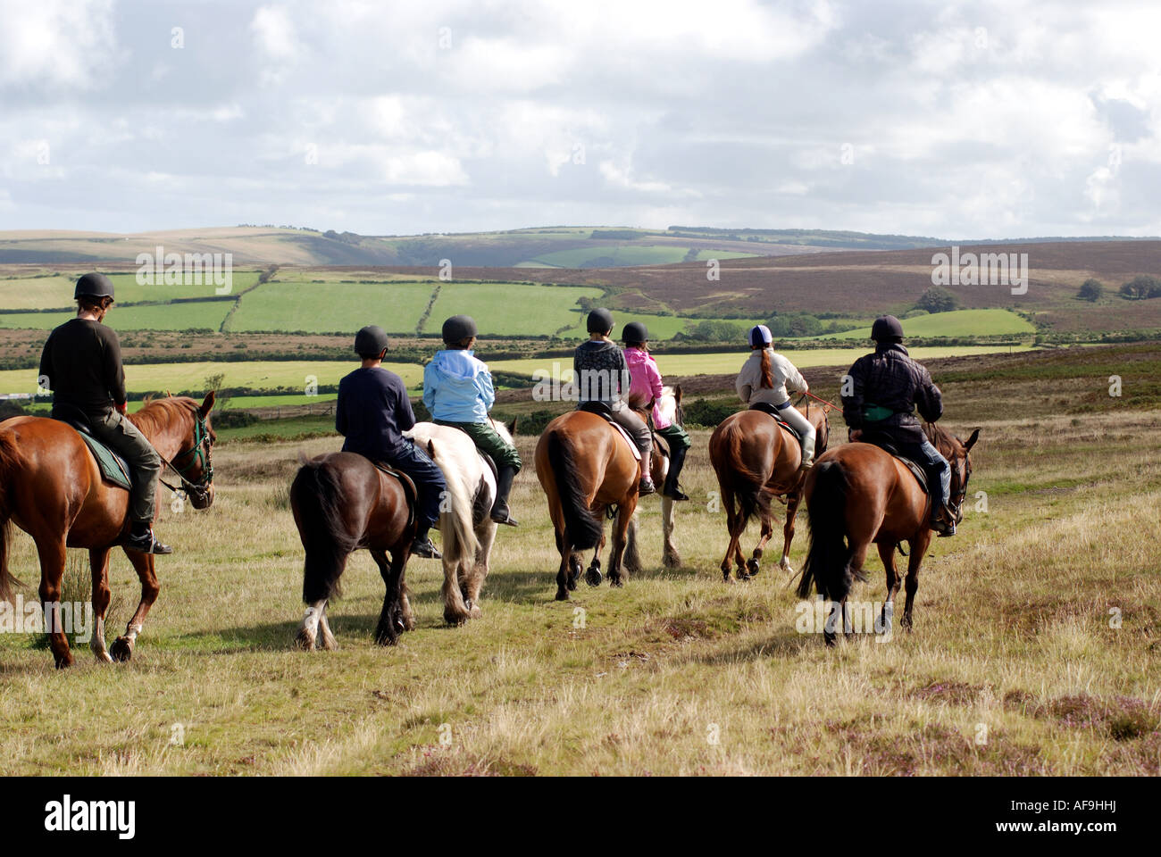 Pony trekkers on Brendon Common, Exmoor, Devon, England, UK Stock Photo ...