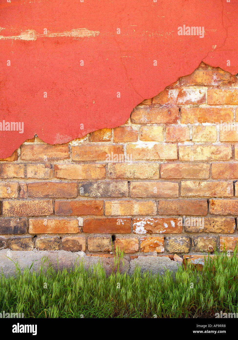 Painted red cement flaking off of an orange and yellow brick wall Stock ...