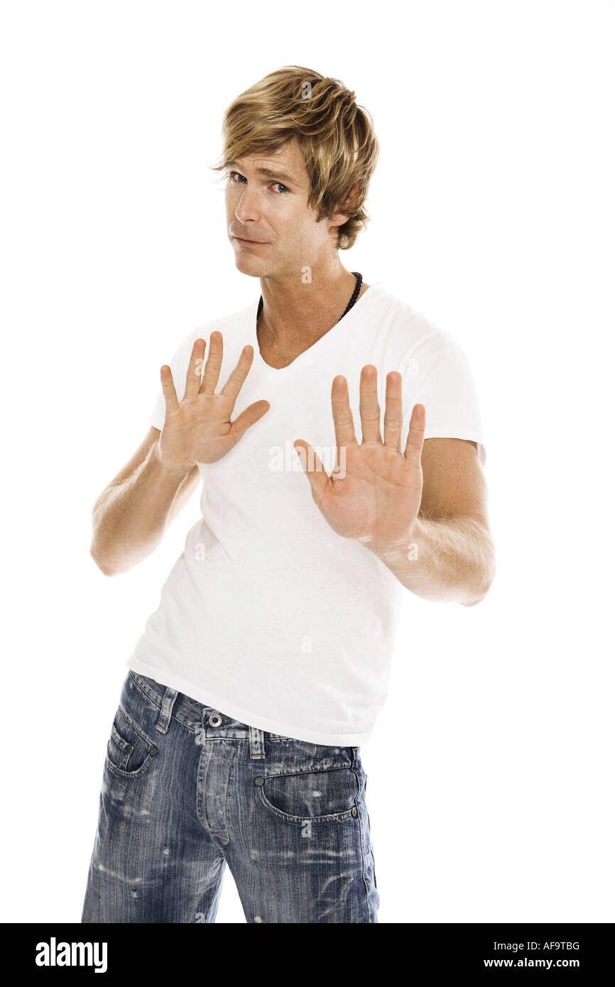Man making rejecting hand gesture, close-up Stock Photo - Alamy
