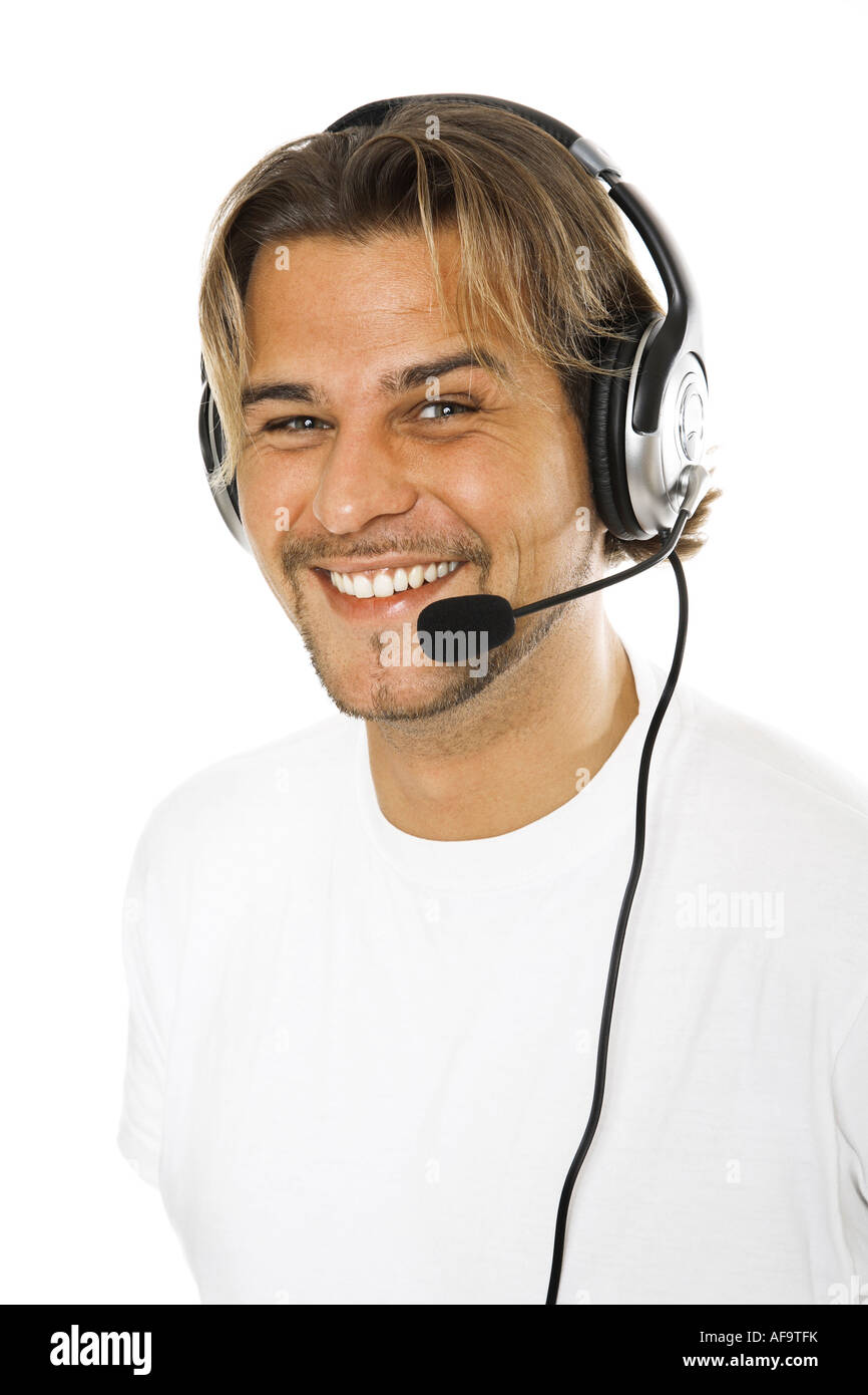 Man wearing headset, close-up Stock Photo - Alamy