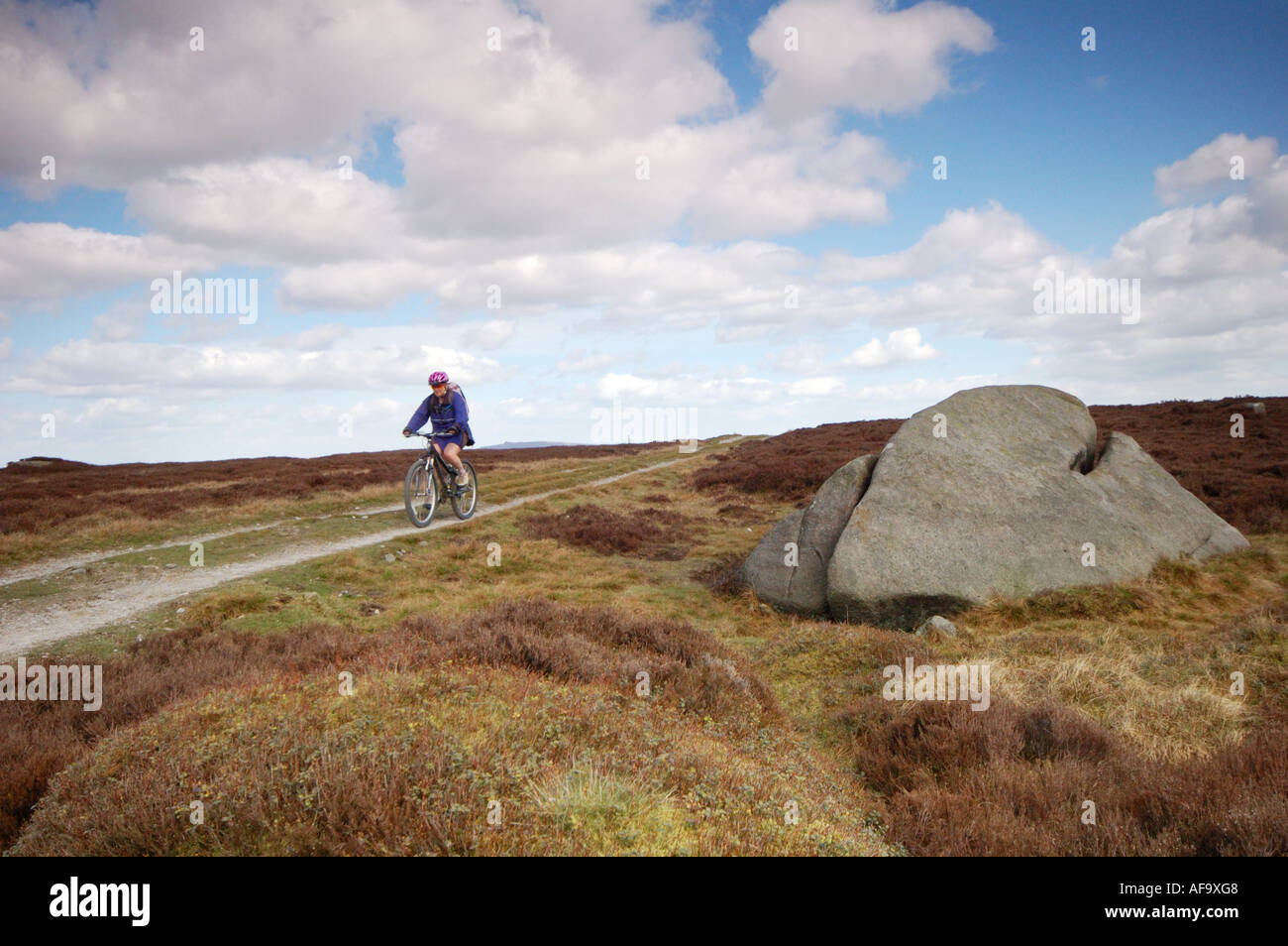 Female Mountain biking over Embsay Moor, Yorkshire Stock Photo - Alamy