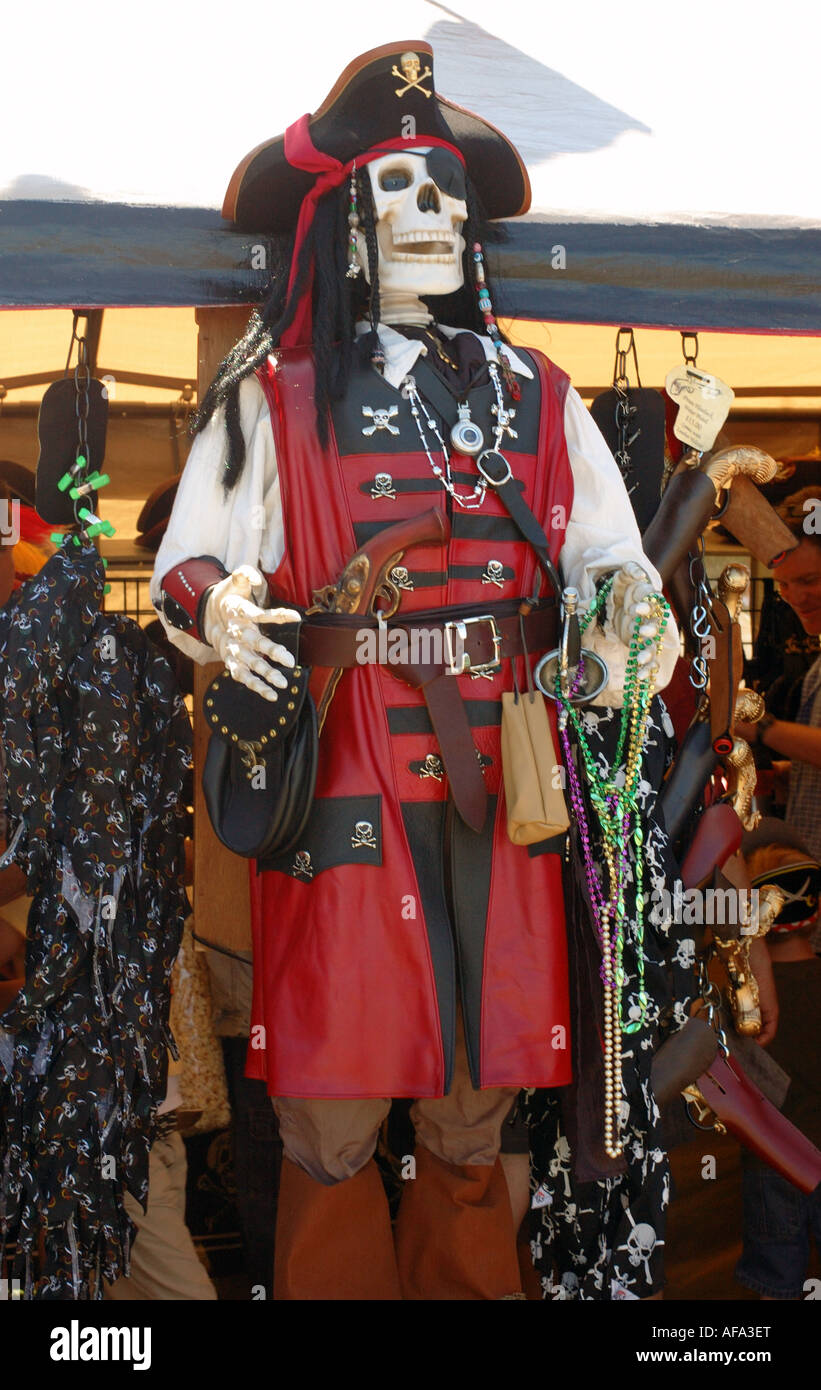 Costumed pirate skeleton display in a booth at the fair Stock Photo - Alamy