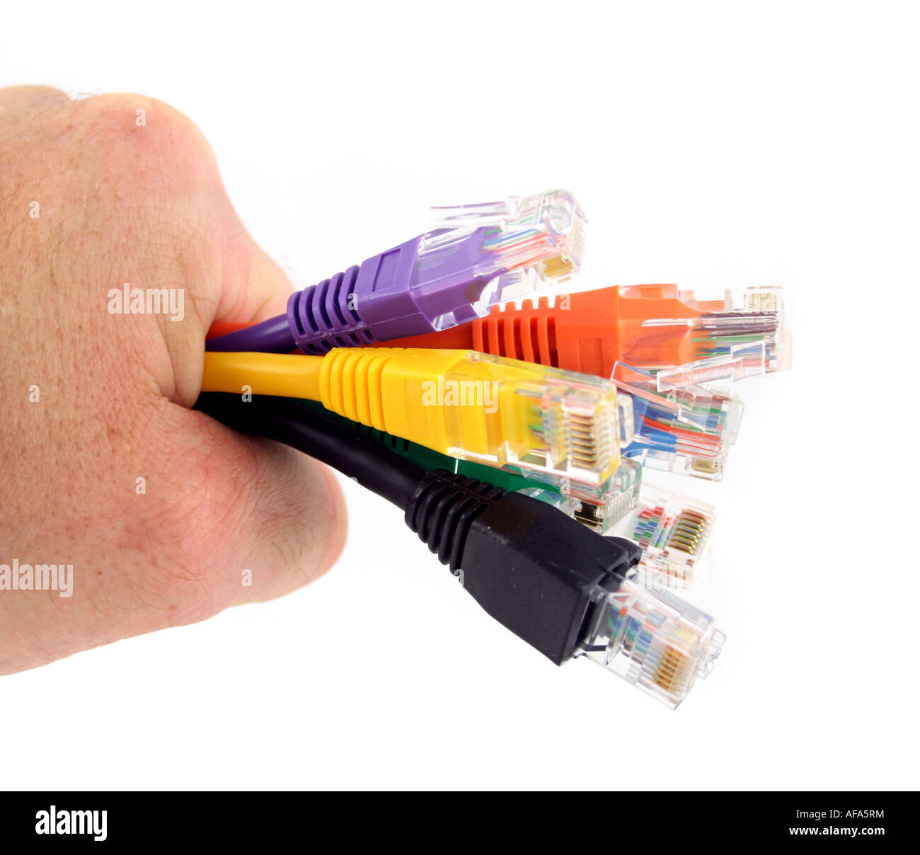 7 Brightly colored network cables held in the hand Stock Photo - Alamy