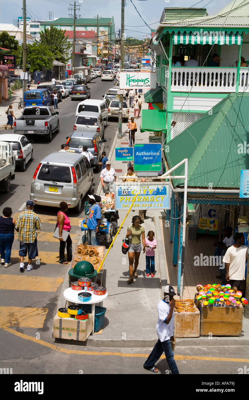Shops and street at St Johns in Antigua Stock Photo - Alamy